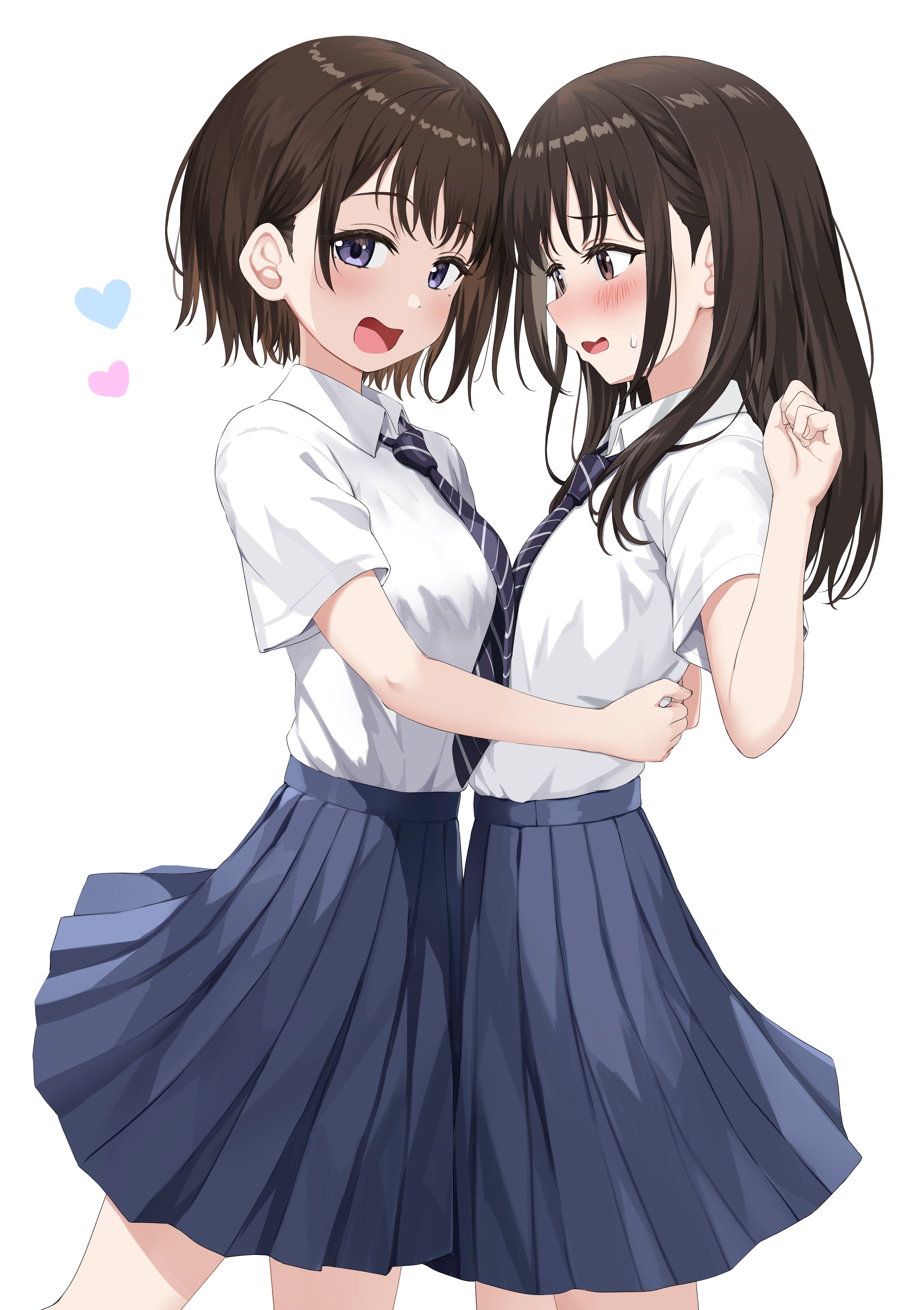 Safebooru - 2girls absurdres black hair blue eyes blue necktie blue skirt blush brown eyes ...