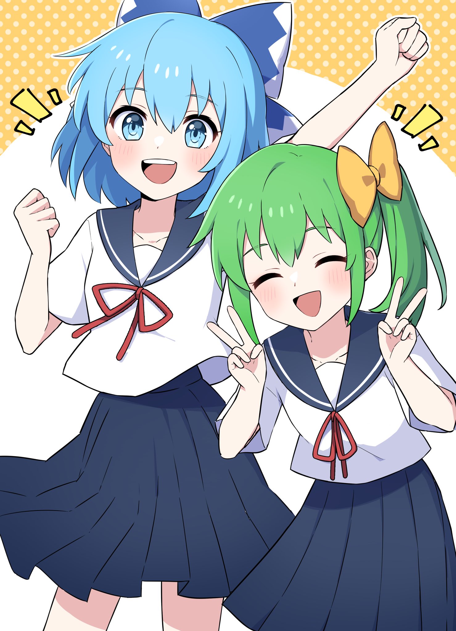 Safebooru - 2girls blue bow blue eyes blue hair blue skirt bow cheering cirno closed eyes ...