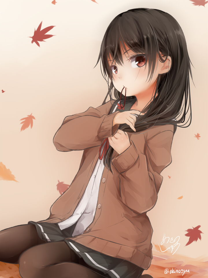 Safebooru - 1girl akino shuu autumn leaves black hair black sailor collar black skirt brown ...