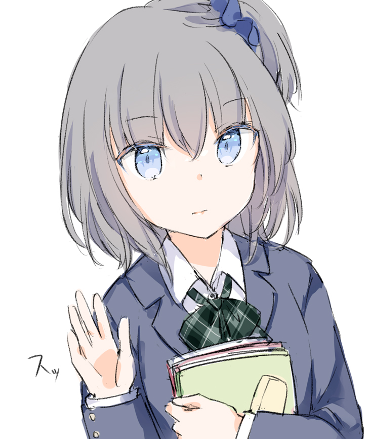 Safebooru - 1girl blazer blue eyes blue jacket bow collared shirt commentary request green bow ...