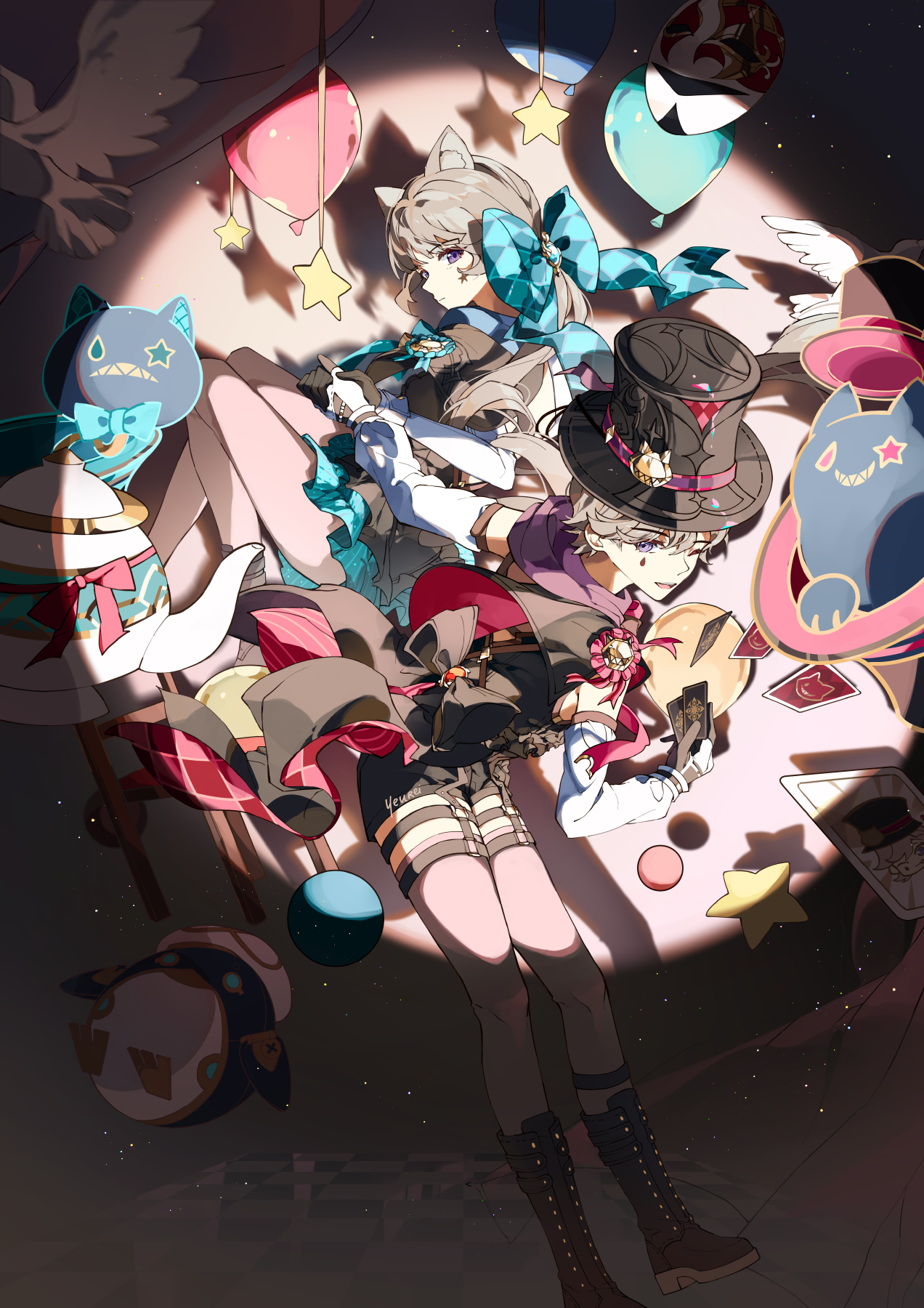 Safebooru - 1boy 1girl animal ears balloon bird boots bow brown hair card cat ears cat girl ...