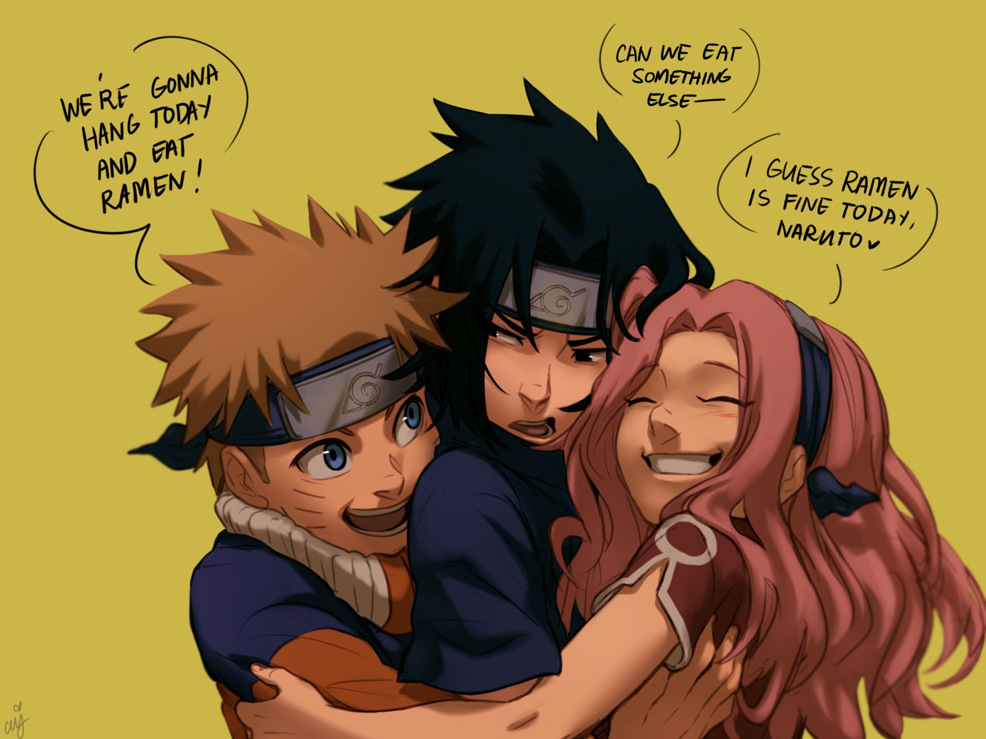 Safebooru - 1girl 2boys annoyed black eyes black hair blonde hair blue ...