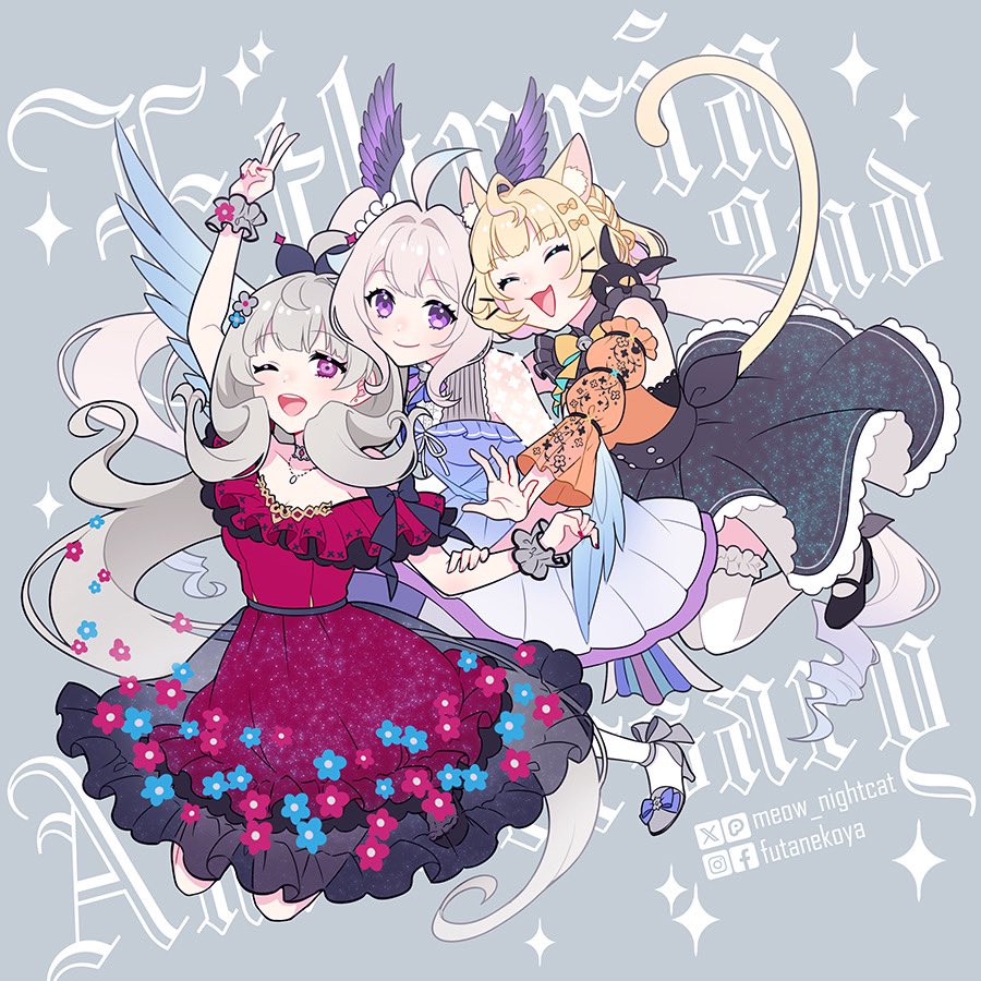 Safebooru - 3girls ahoge animal ear fluff animal ears anniversary black footwear black skirt ...