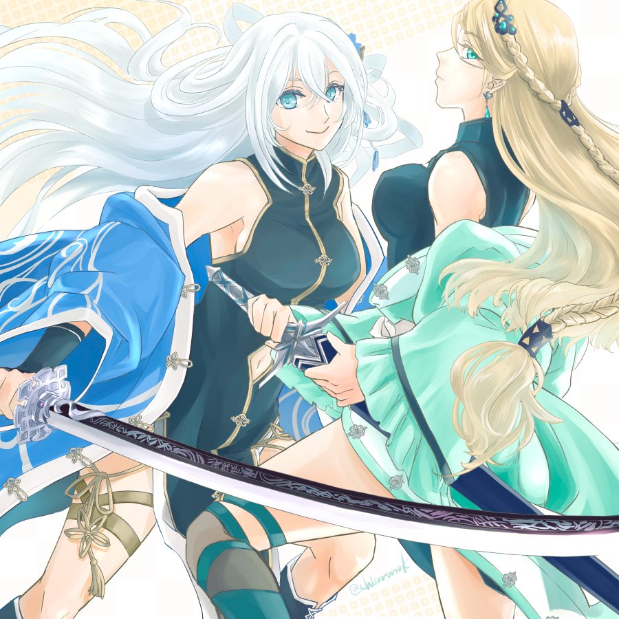 Safebooru - 2girls blonde hair blue eyes braid chinese clothes chisarune coat crown braid ...