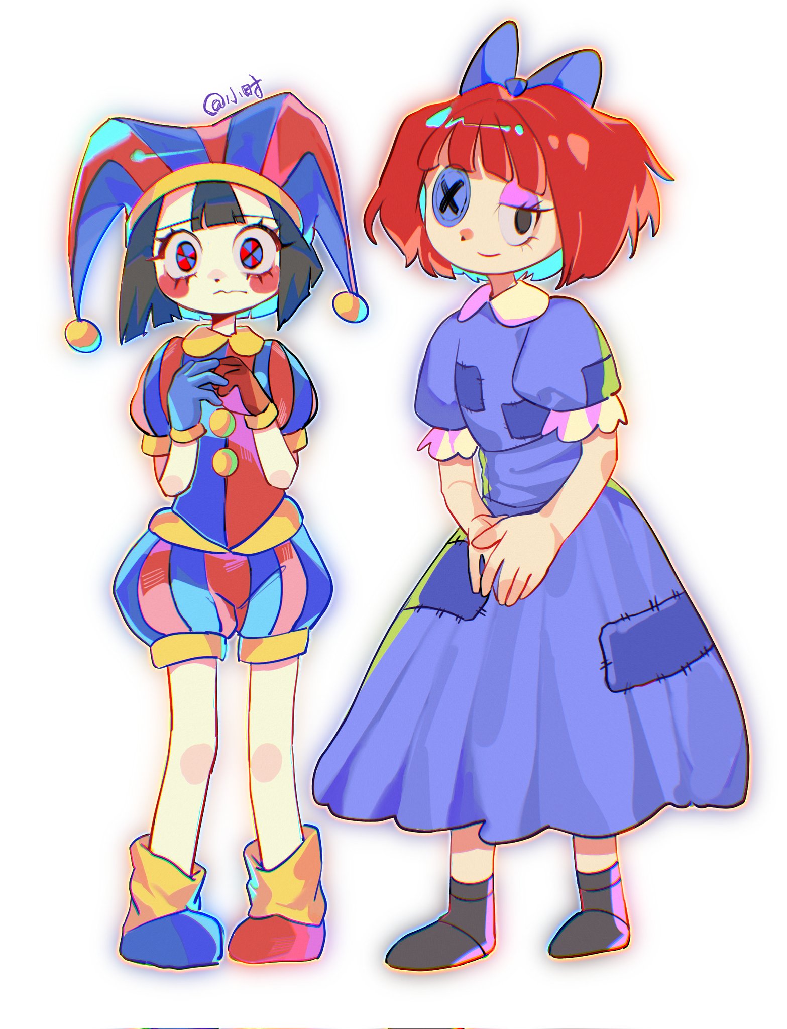 Safebooru - 1girl 2girls artist name asymmetrical footwear asymmetrical gloves black eyes black ...