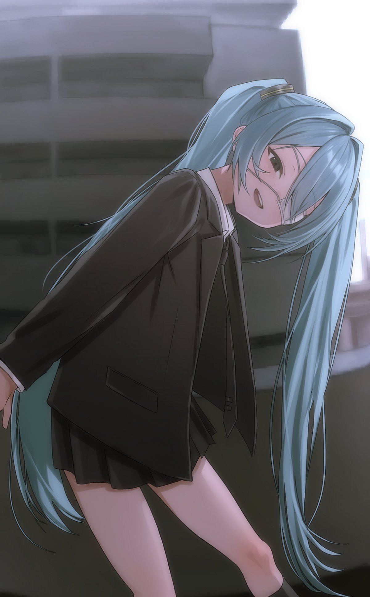 Safebooru - 1girl akira (nupekwa) aqua hair arms behind back black jacket black necktie black ...