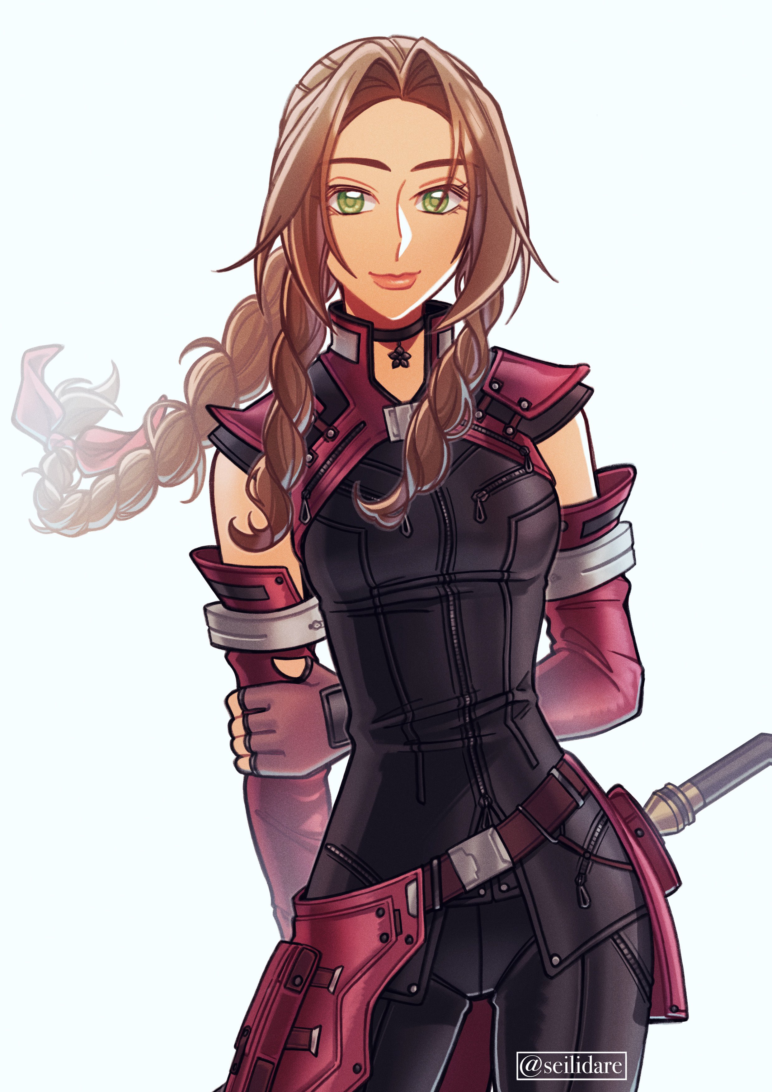 Safebooru - 1girl absurdres aerith gainsborough arms behind back belt black jacket black pants ...