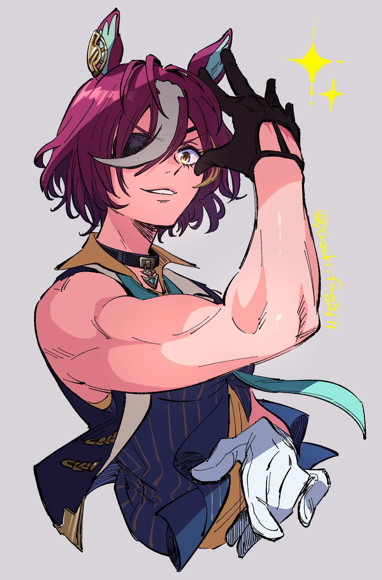 Safebooru - 1girl animal ears arm up asymmetrical gloves bare arms bare shoulders black gloves ...