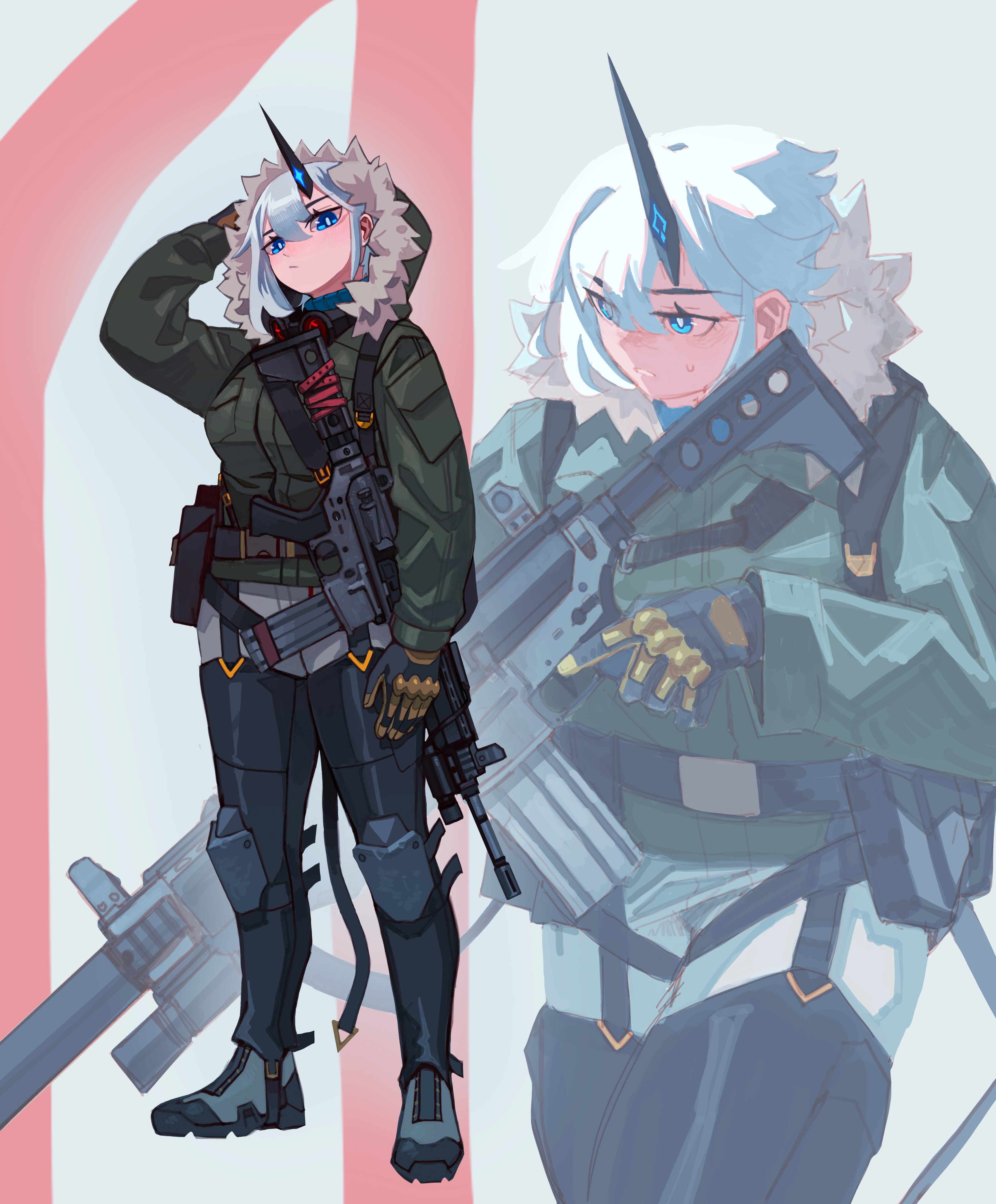 Safebooru - 1girl absurdres arm up assault rifle bendit black gloves black pants blue eyes ...