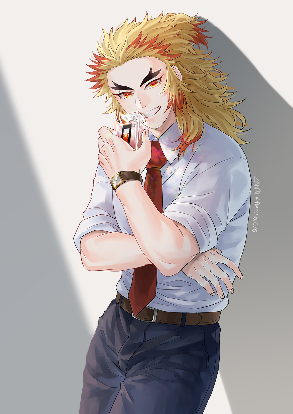 Safebooru - 1boy belt blonde hair bottle forehead forked eyebrows ...
