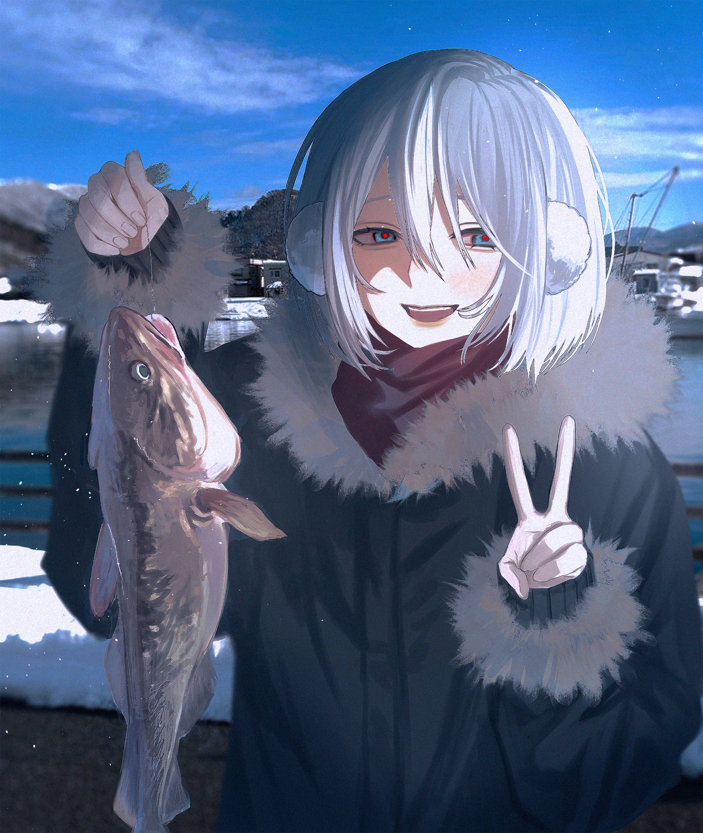 Safebooru - 1girl absurdres black coat blue eyes blue sky clouds coat day earmuffs fish fish ...