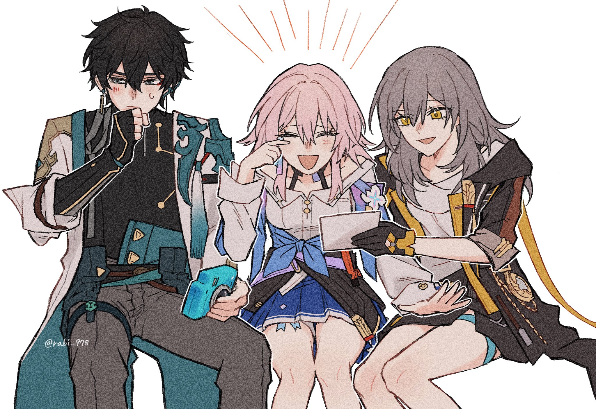 Safebooru - 1boy 2girls aqua coat black coat black hair black shirt black skirt blue jacket blue ...