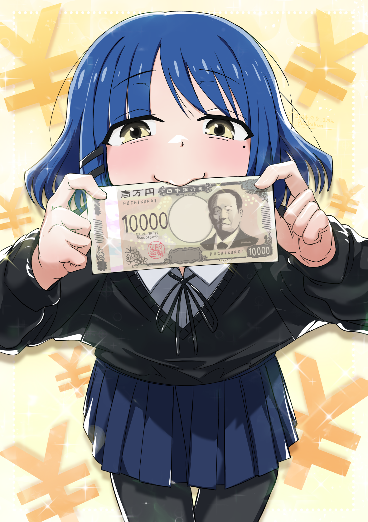 Safebooru - 10000 yen note 1girl black ribbon black sweater blue hair blue skirt blush bocchi ...
