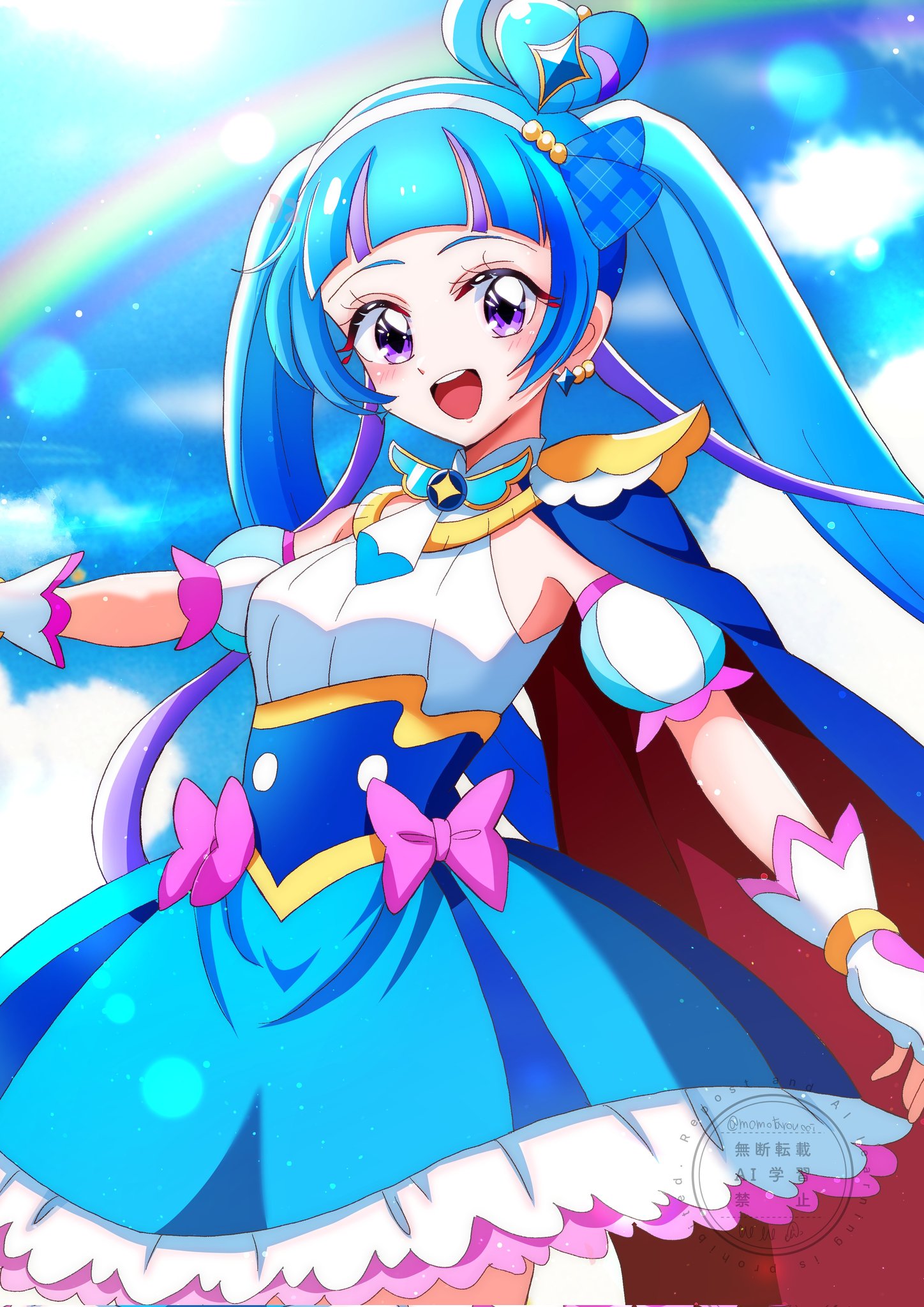 Safebooru - 1girl :d alternate hairstyle aokaze nana arched bangs bare shoulders blue bow blue ...