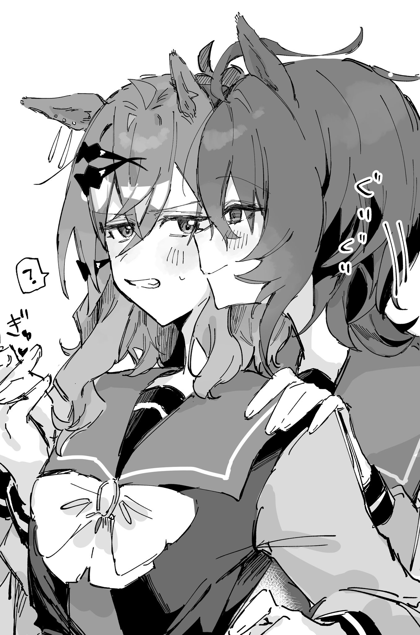 Safebooru - 2girls ? agnes tachyon (umamusume) animal ears blush bow bowtie clenched teeth ...