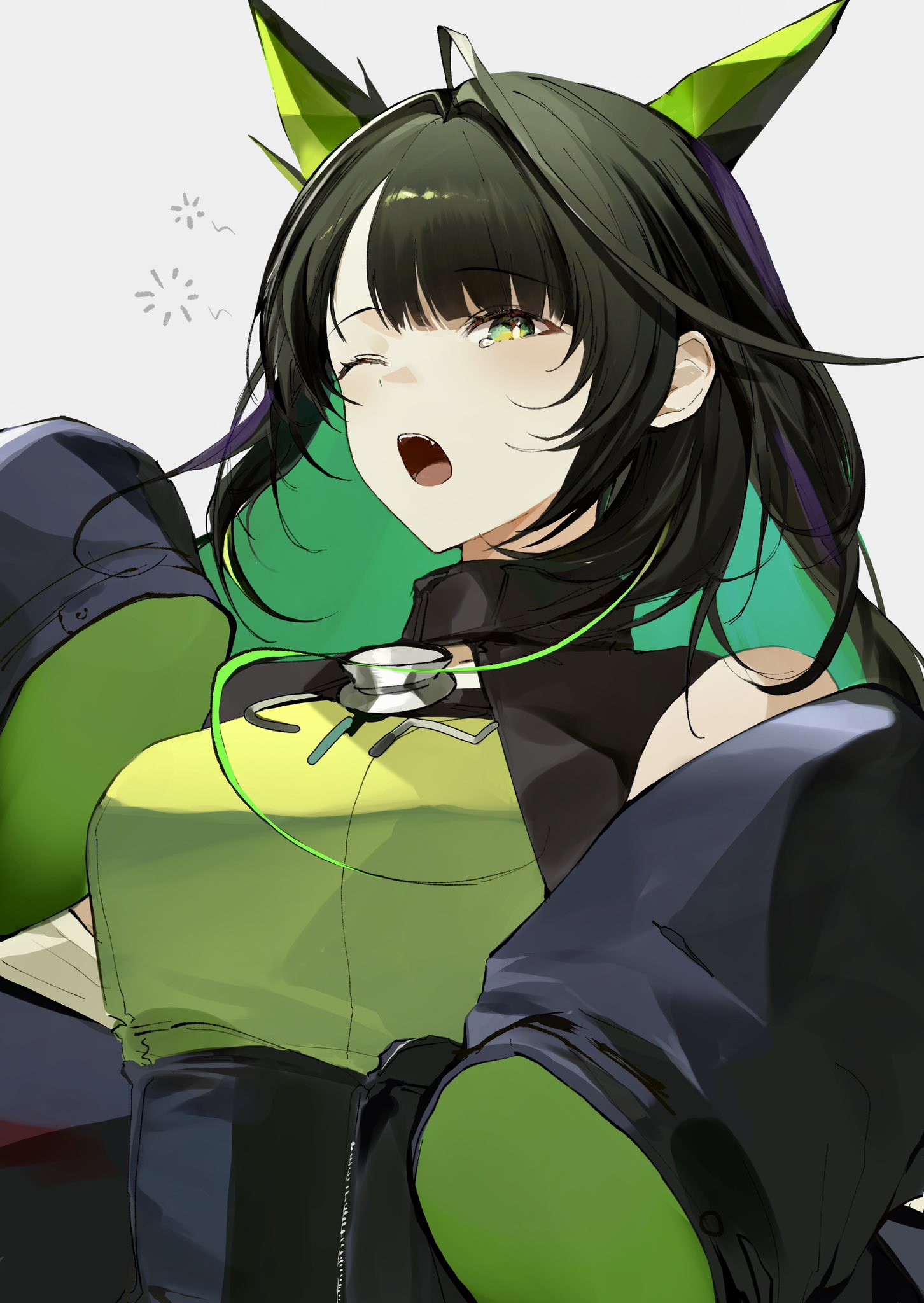 Safebooru - 1girl ;o arknights bare shoulders black hair black jacket ...