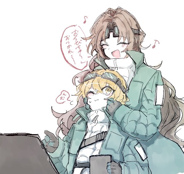 Safebooru - 1boy 1girl :d aqua coat black gloves blonde hair brown hair ...