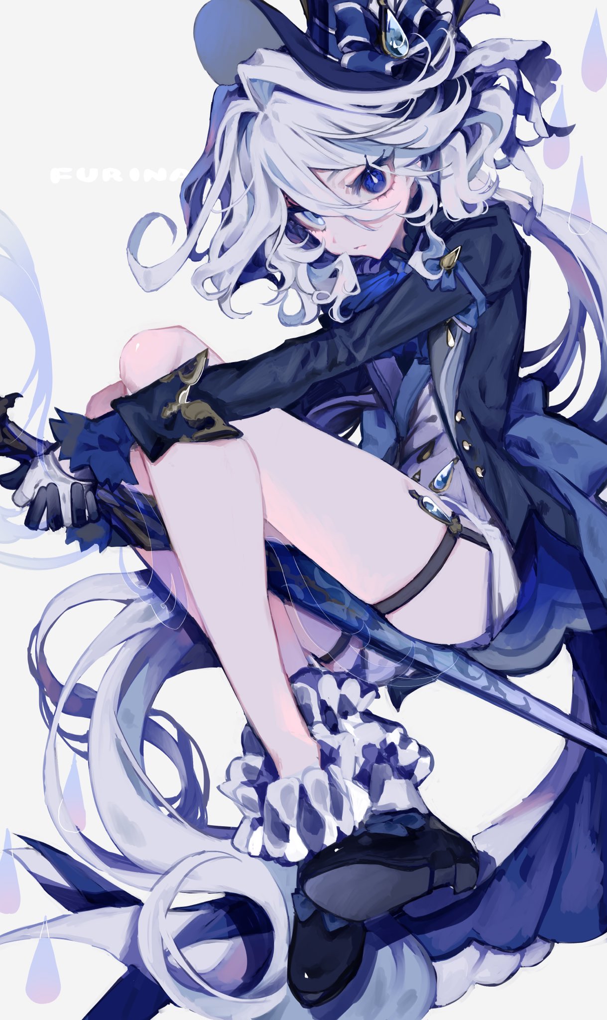 Safebooru - 1girl asymmetrical gloves black footwear black gloves blue coat blue eyes blue hair ...