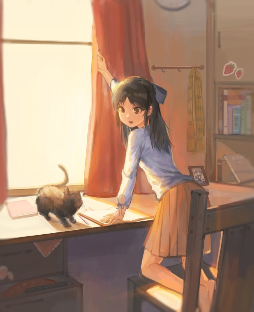 Safebooru - 1girl barefoot black cat black hair blue bow blue shirt bow brown eyes brown skirt ...
