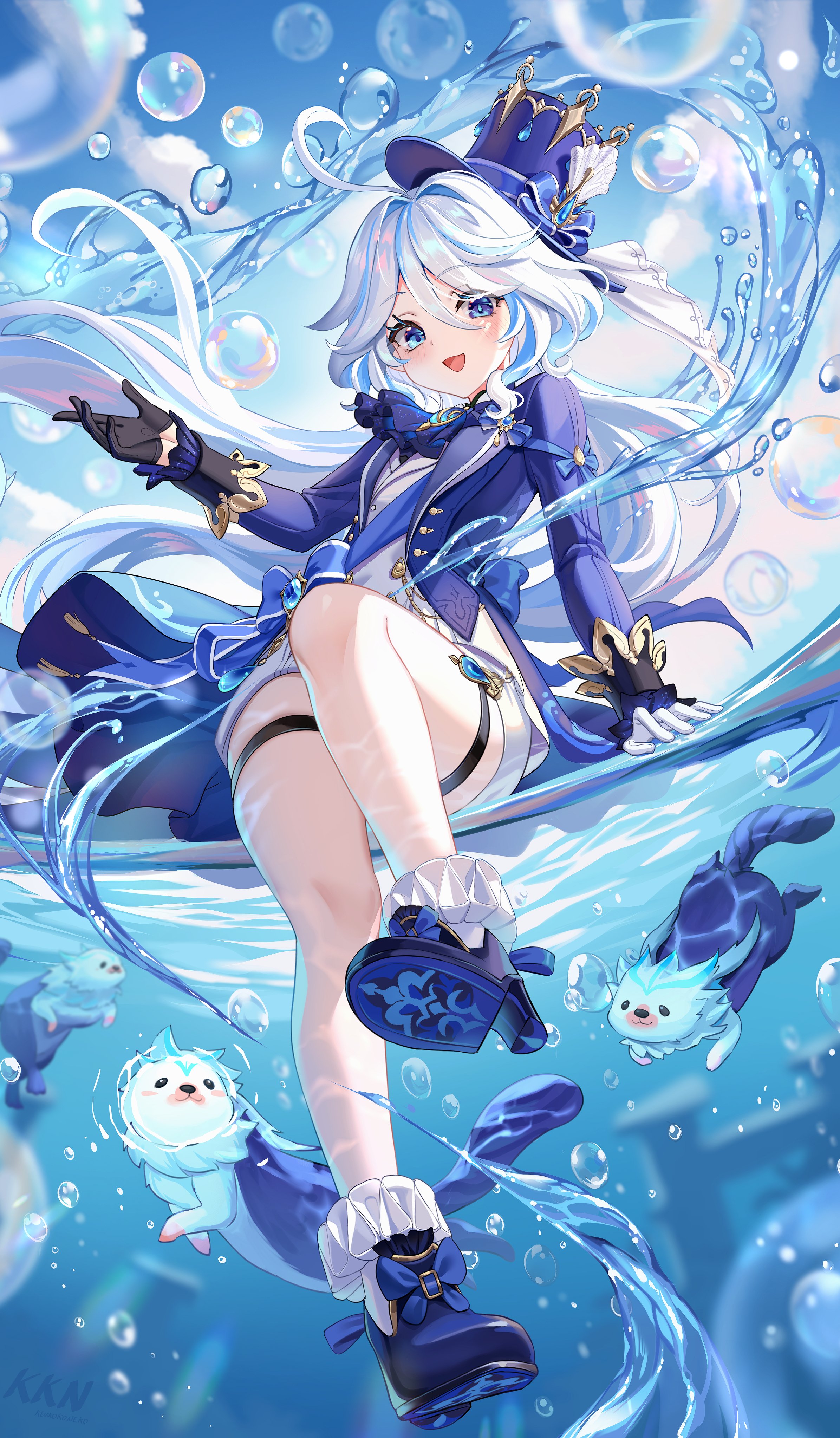 Safebooru - 1girl absurdres ahoge ascot asymmetrical gloves black gloves blue ascot blue eyes ...