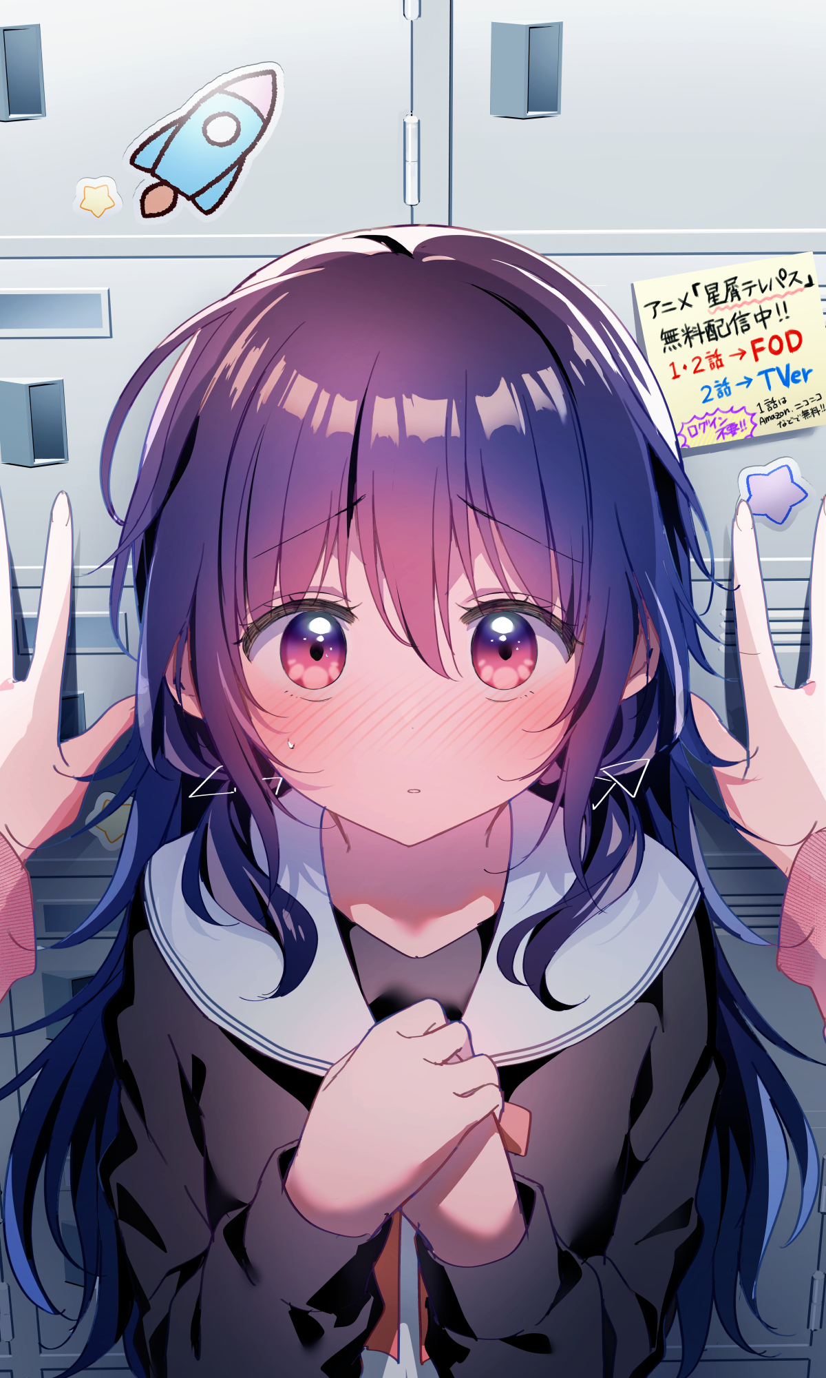 Safebooru - 2girls akeuchi yuu black shirt blue hair blush closed mouth ...