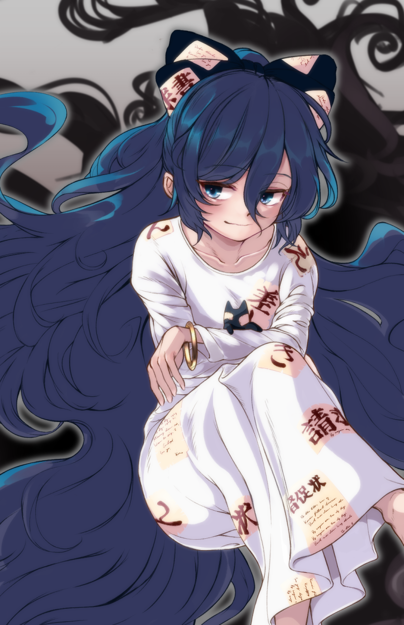 Safebooru 1girl Absurdly Long Hair Aura Bangle Barefoot Blue Bow Blue 7549