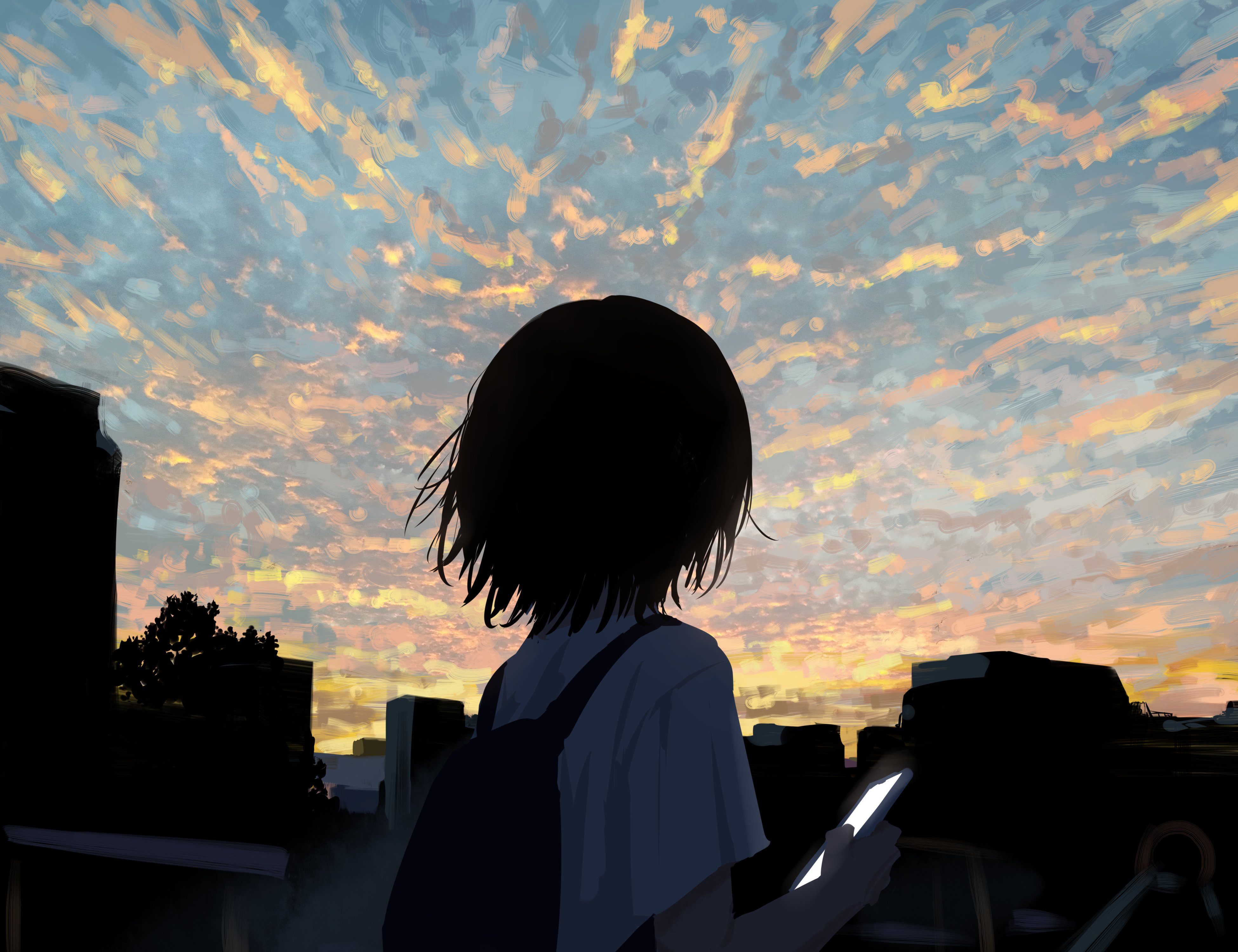 Safebooru - 1boy absurdres avogado6 backpack bag black hair building cellphone clouds cloudy sky ...