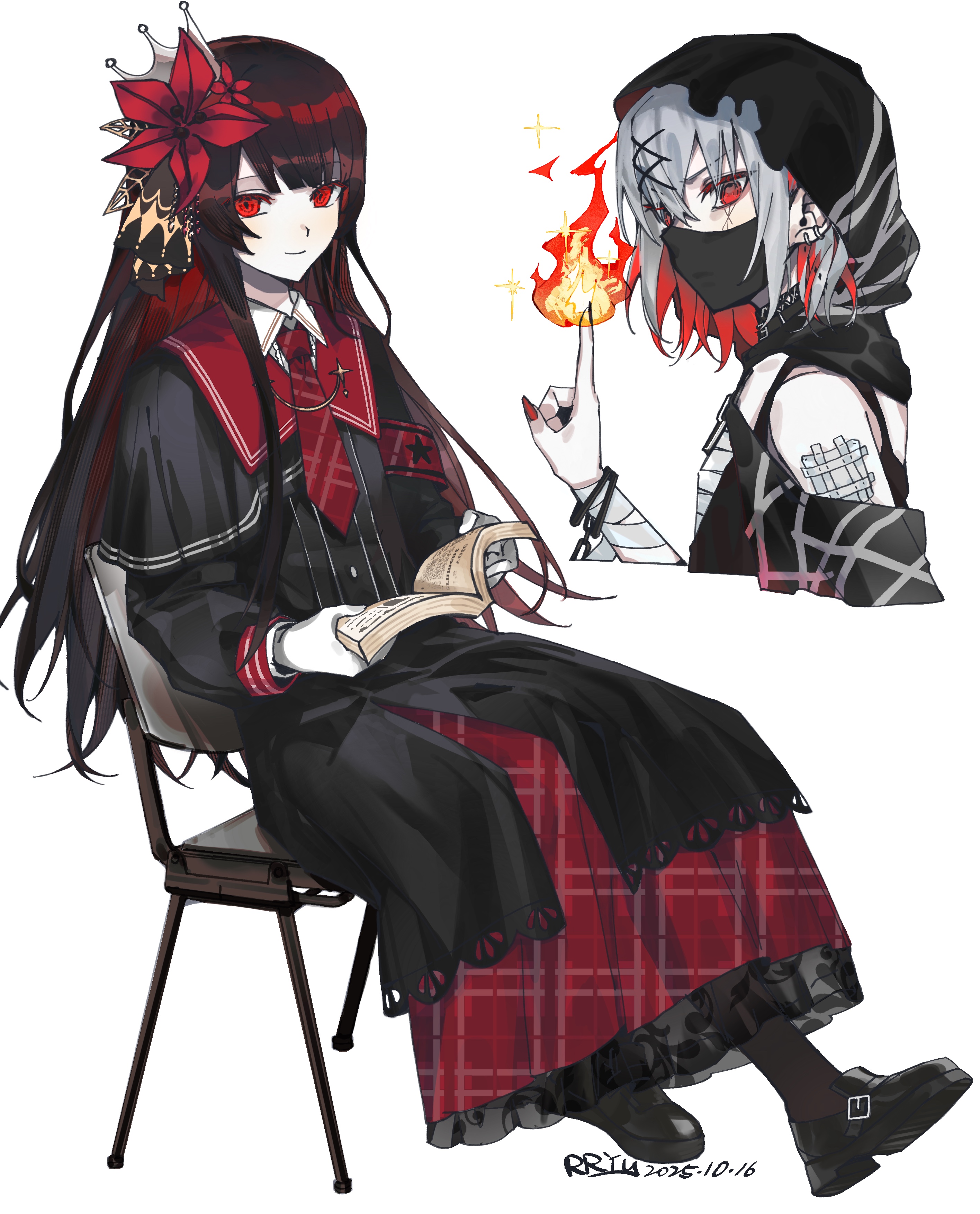 Safebooru - 2girls absurdres armband black hair black shirt black shoes ...