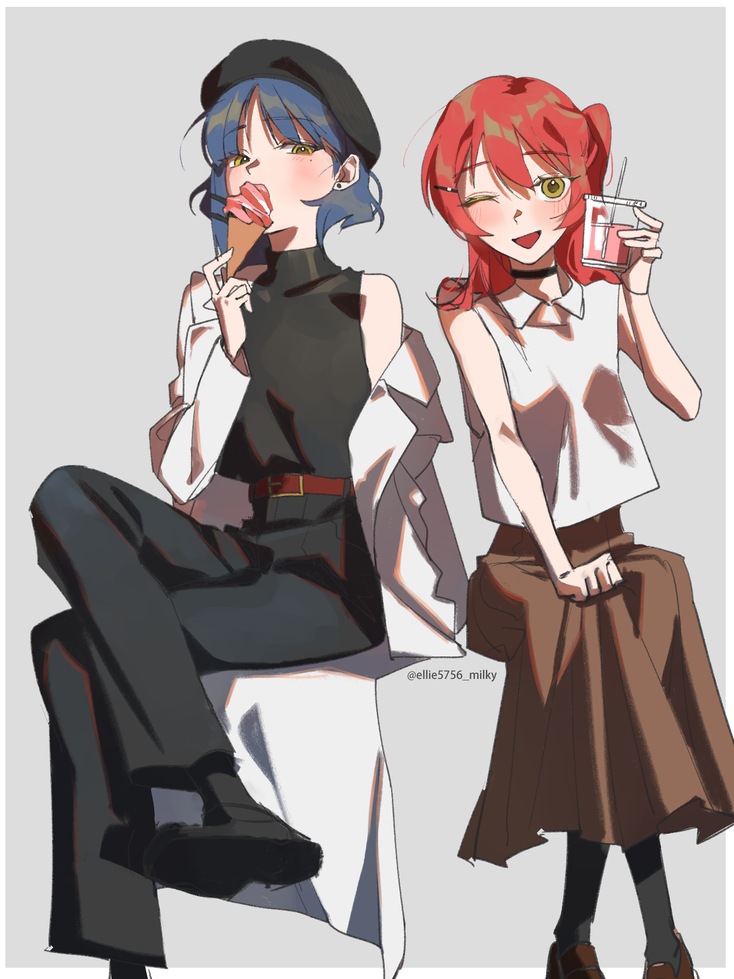 Safebooru - 2girls asymmetrical hair bare arms black choker black footwear black headwear black ...