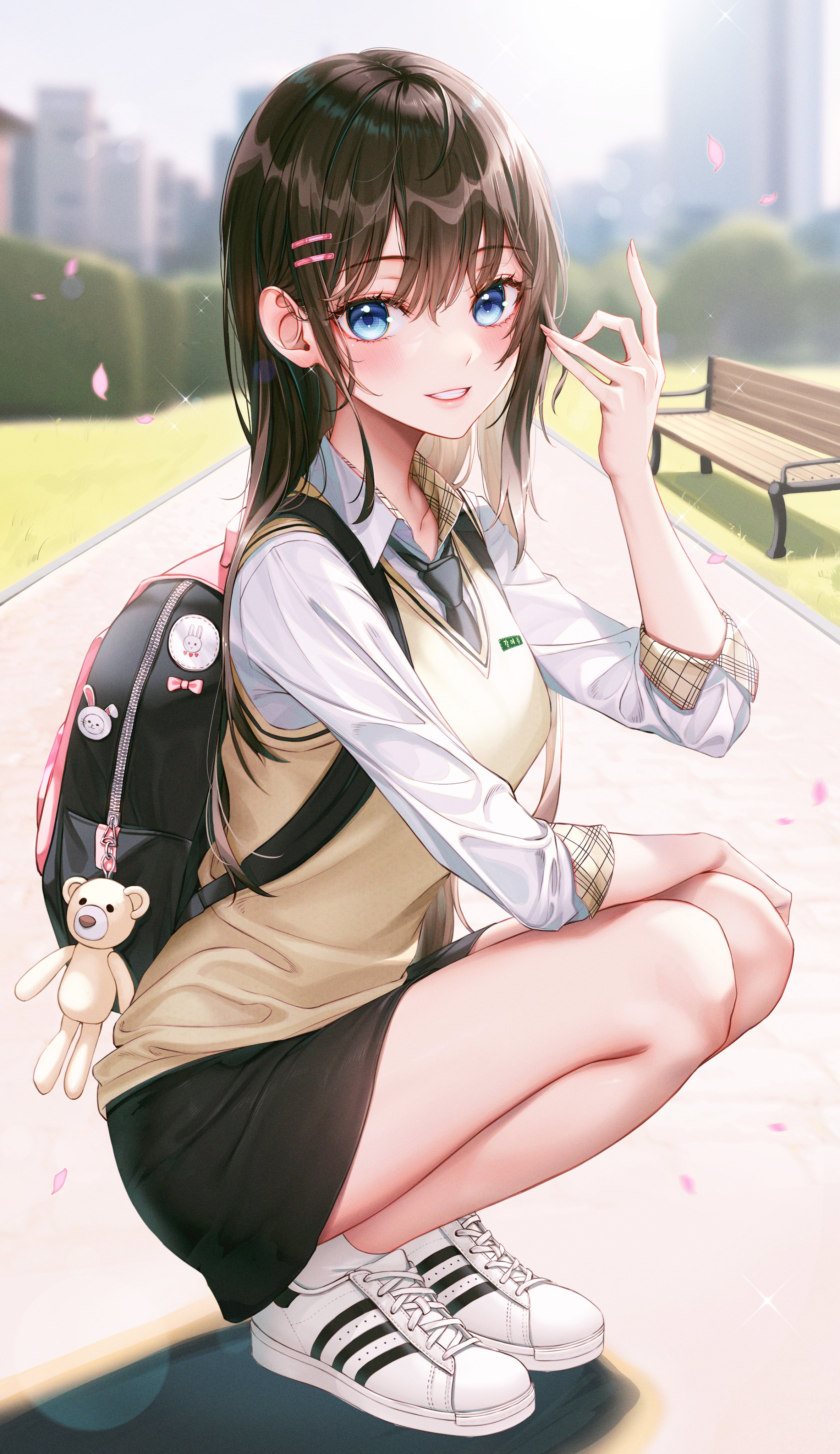 Safebooru - 1girl absurdres backpack bag bench black hair black necktie blue eyes blurry blurry ...