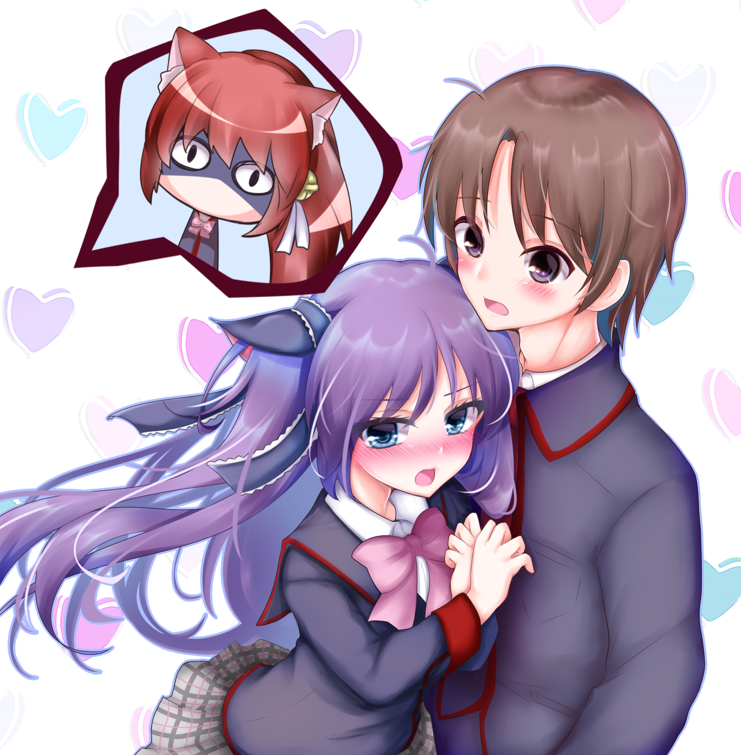 Safebooru - 1boy 2girls ahoge animal ear fluff animal ears black eyes black jacket blue eyes ...