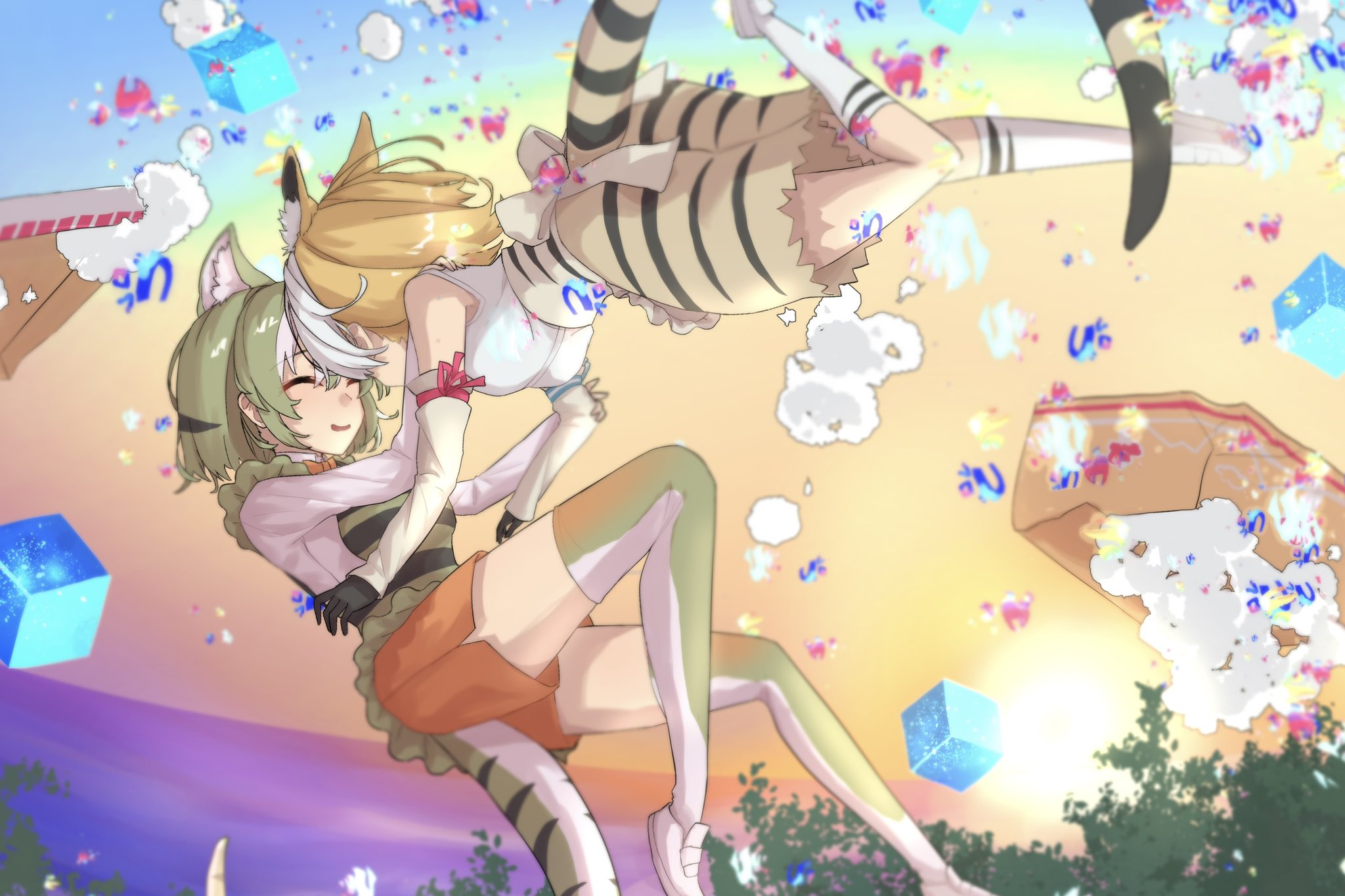 Safebooru - 2girls animal ears animal print apron blonde hair elbow gloves extra ears gloves ...