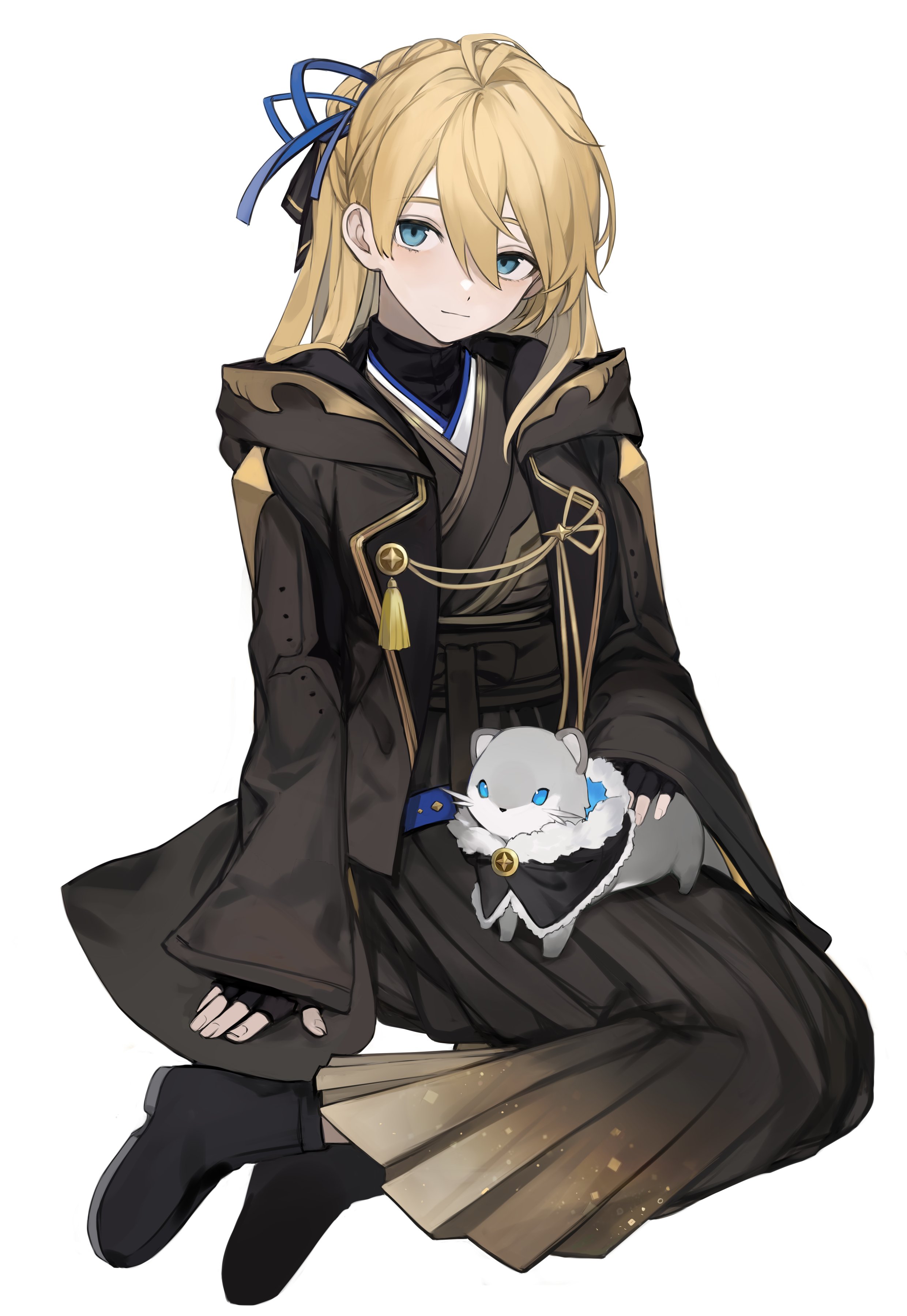 Safebooru - 1girl absurdres animal black footwear black kimono black ribbon blonde hair blue ...