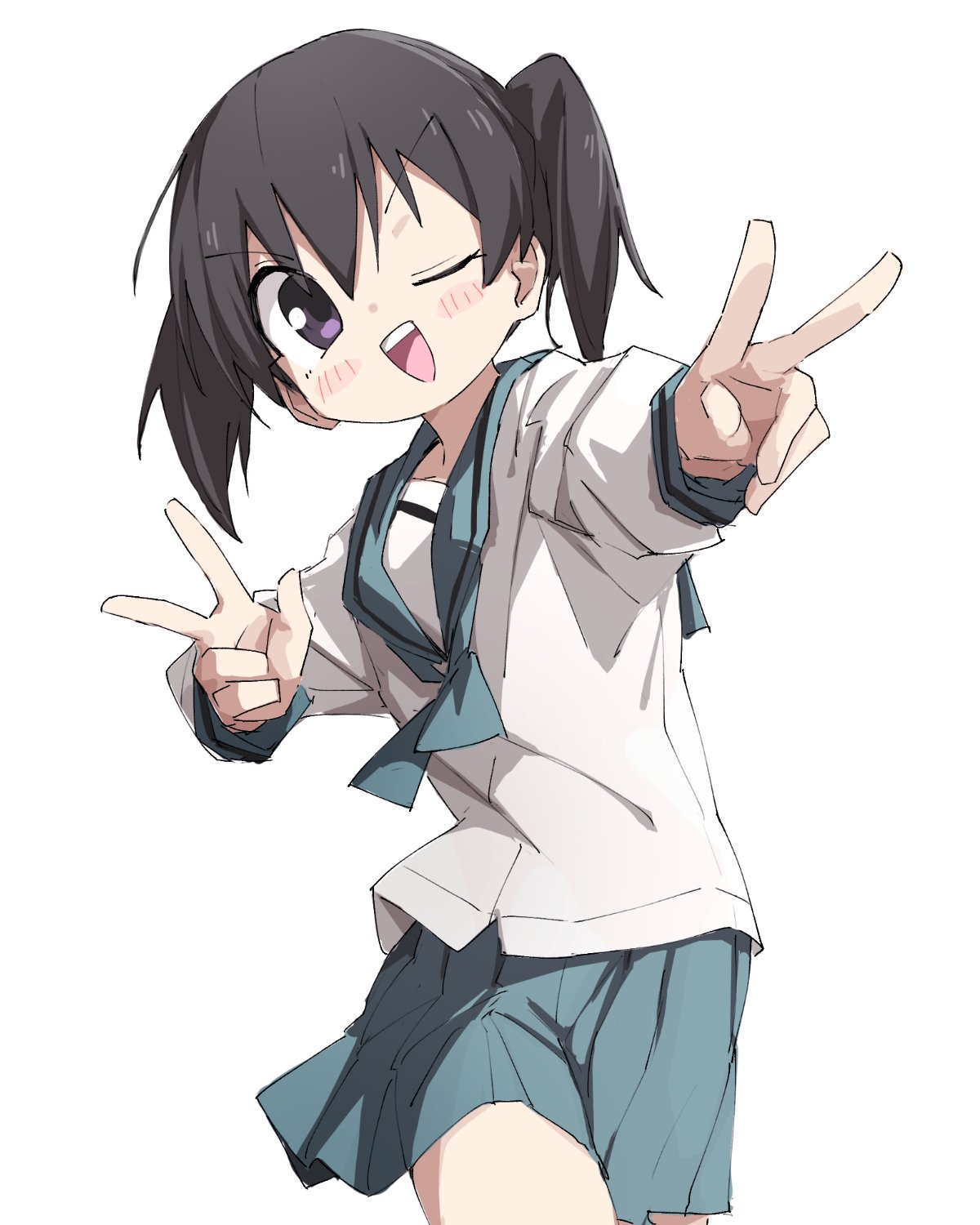 Safebooru - 1girl black hair blue neckerchief blue sailor collar blue skirt blush double v hair ...