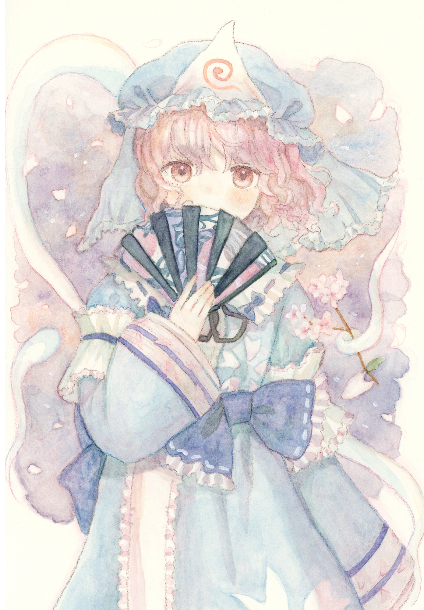 Safebooru - 1girl blue bow blue hat blue kimono blush bow cherry ...