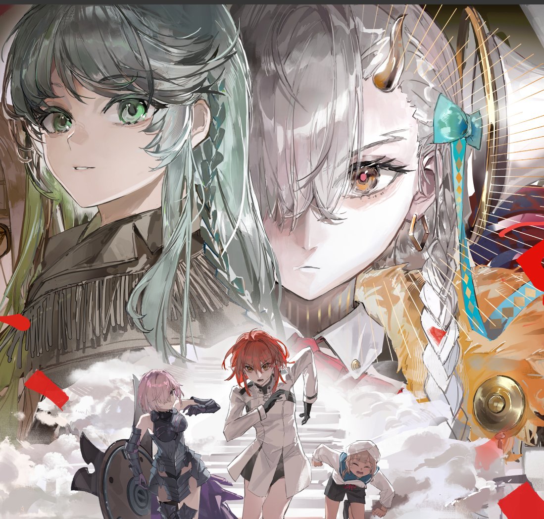 Safebooru - 1boy 4girls armor bare shoulders black armor black gloves ...
