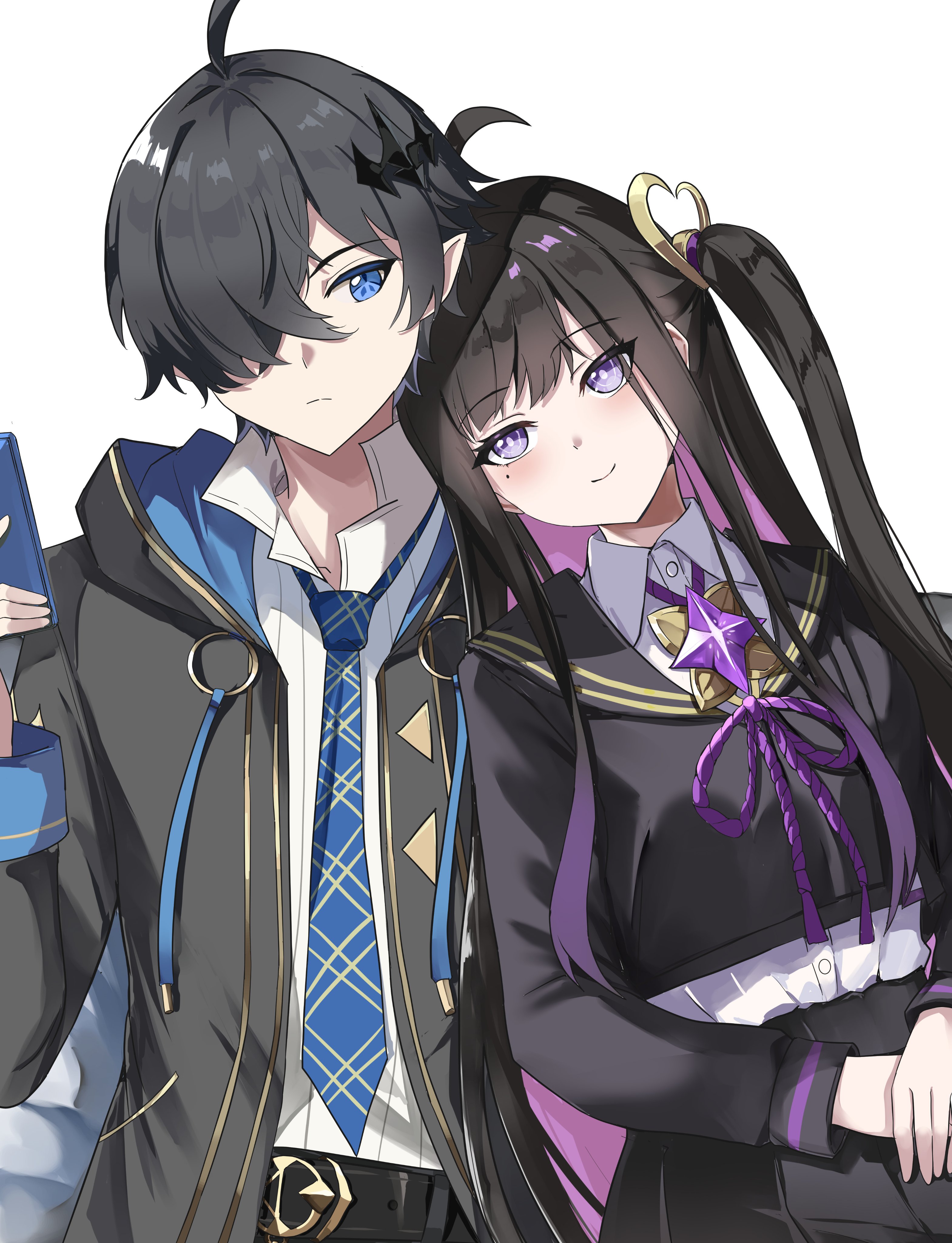 Safebooru - 1boy 1girl absurdres ahoge bandaged leg bandages black hair black sailor collar ...