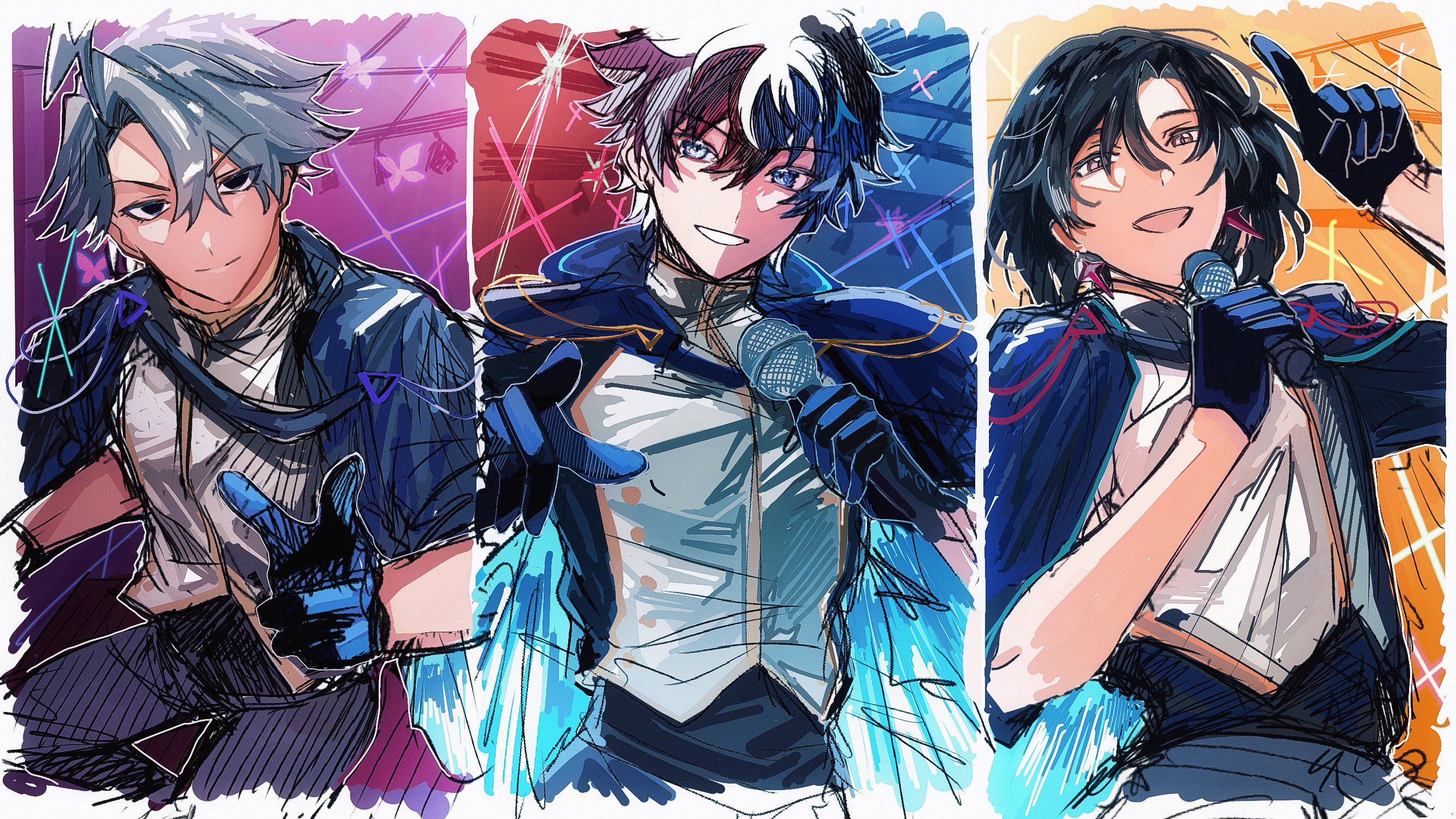 Safebooru - >:) 3boys :d ahoge alternate costume araiyoko (fxcw5834) black eyes black gloves ...