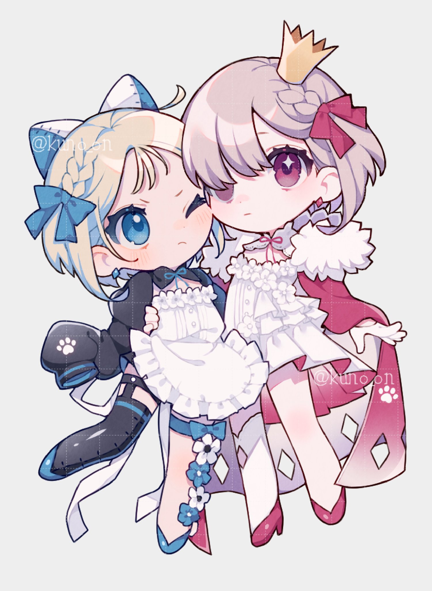 Safebooru - 2girls apron asymmetrical legwear blonde hair blue eyes blue footwear braid dress ...