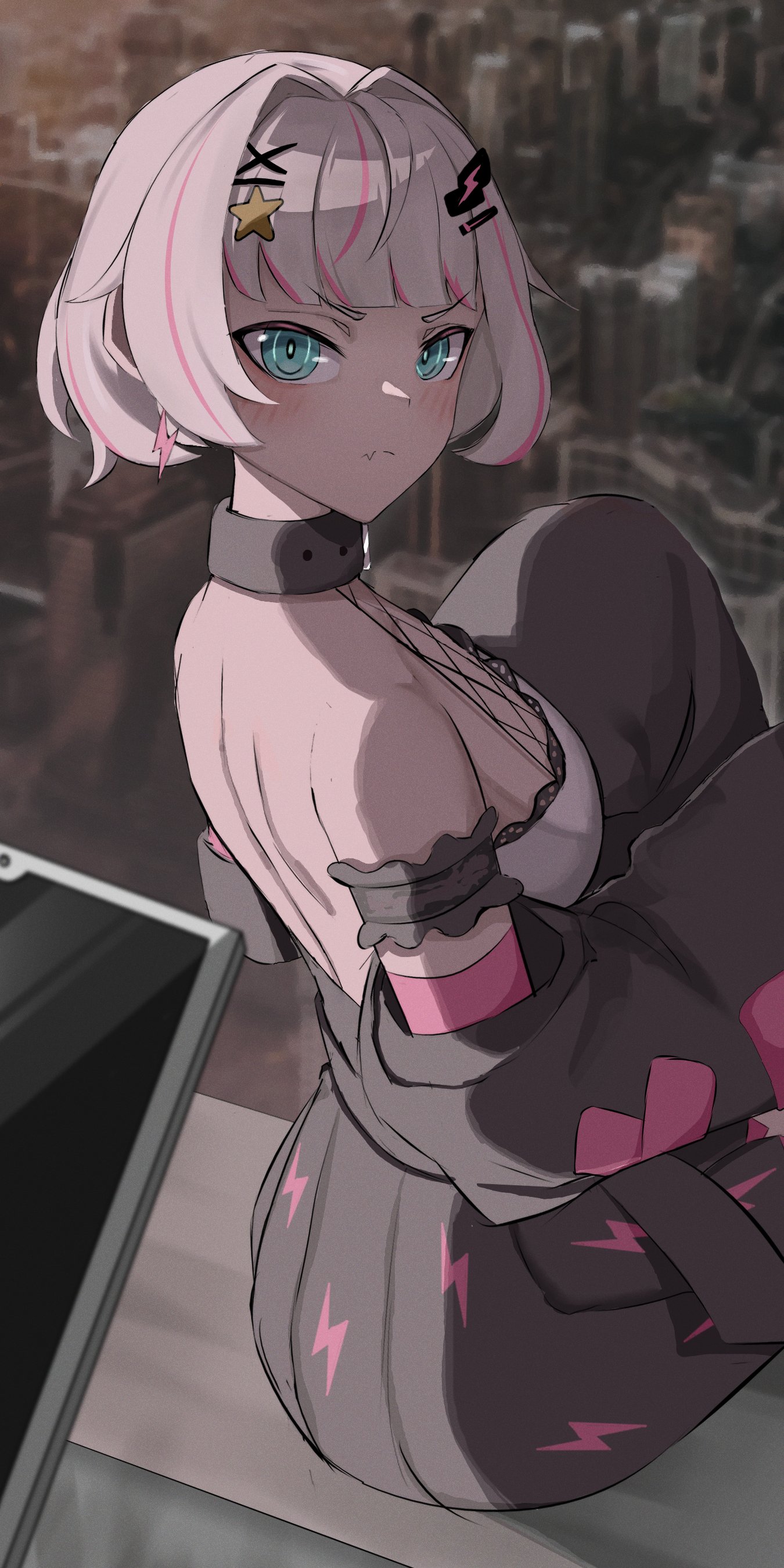 Safebooru - 1girl absurdres aqua eyes arm garter bare shoulders belt collar black jacket black ...