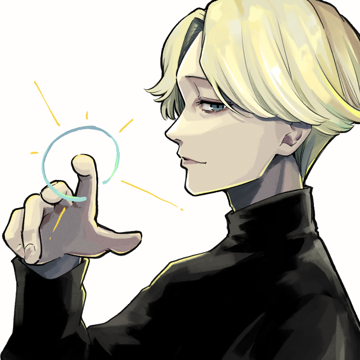 Safebooru - 1boy black sweater blonde hair blue eyes choujin x closed mouth cropped torso from ...