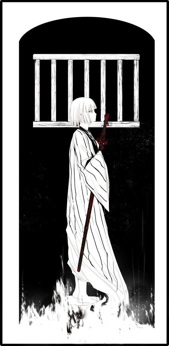 Safebooru - 1girl coat fire highres holding holding sword holding ...