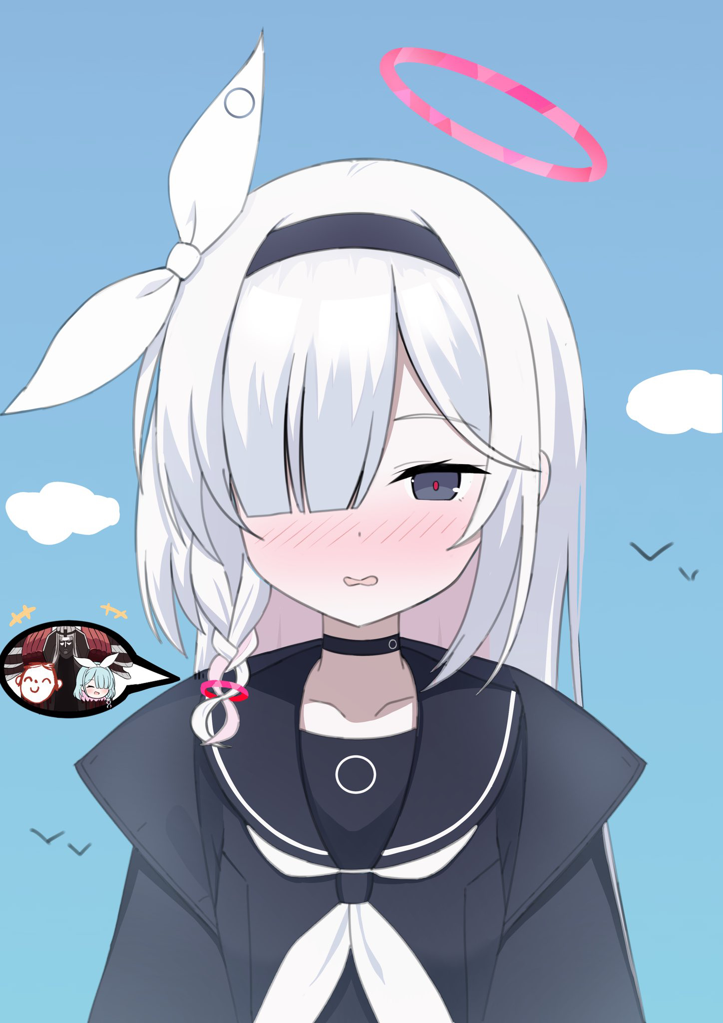 Safebooru - 2boys 2girls aqua hair arona (blue archive) bird black choker black coat black eyes ...