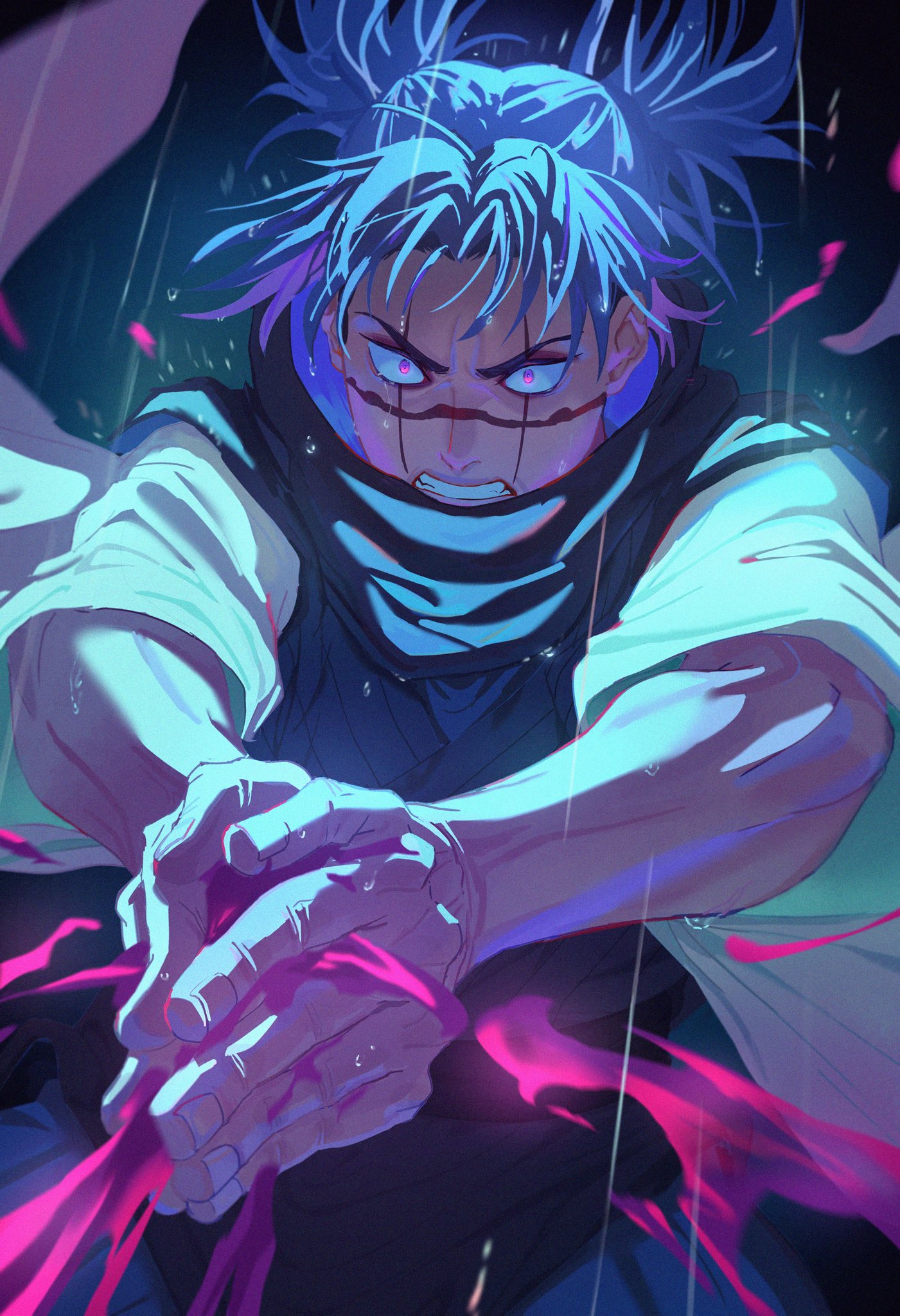 Safebooru - 1boy black scarf black vest blood blue background bui ...