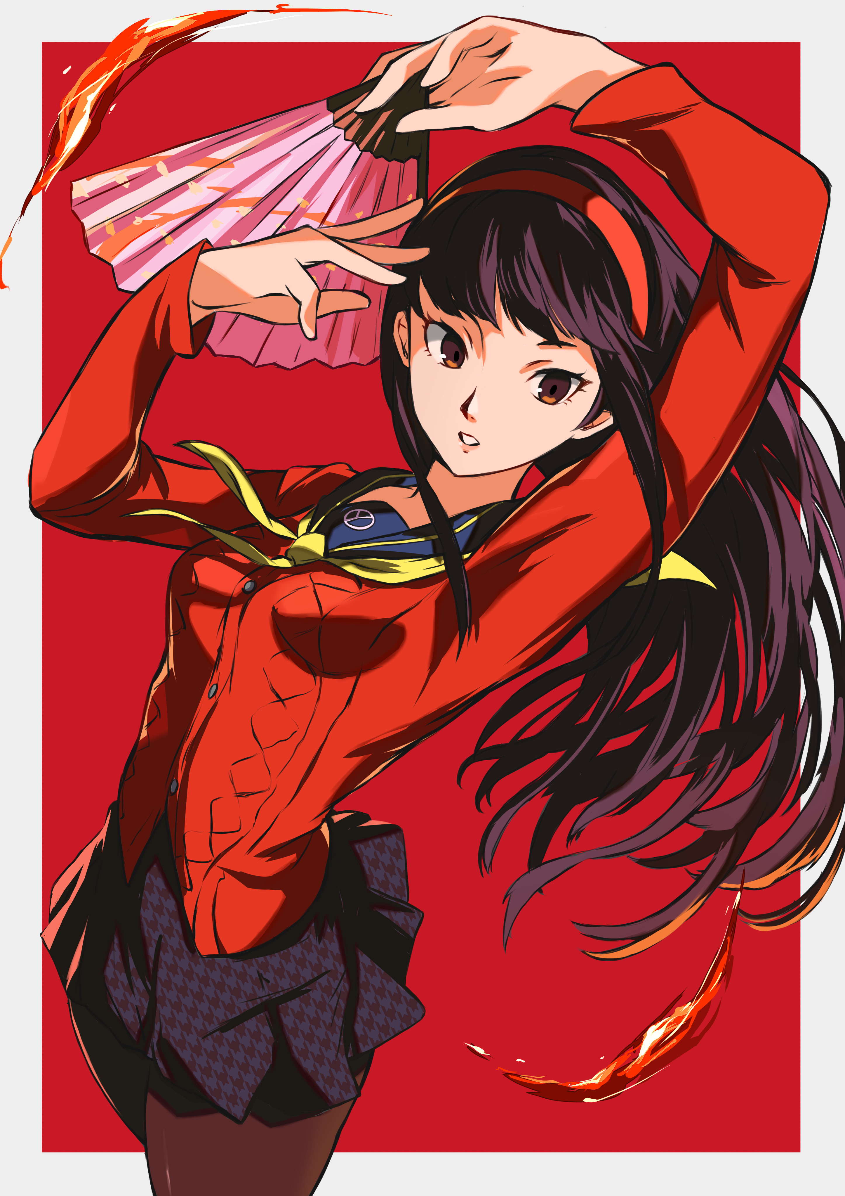 Safebooru - 1girl absurdres amagi yukiko ascot cowboy shot hairband hand fan highres holding ...