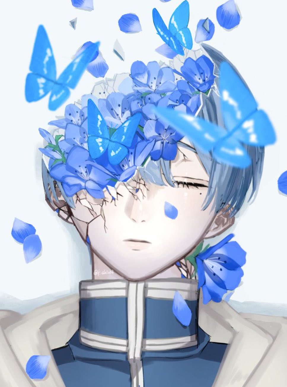 Safebooru - 1boy animal bai mei blue butterfly blue flower blue hair ...