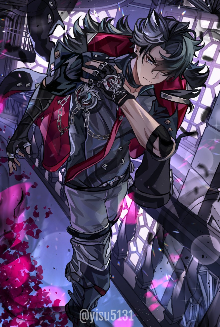 Safebooru - 1boy bishounen black gloves black hair ear piercing fingerless gloves full body ...