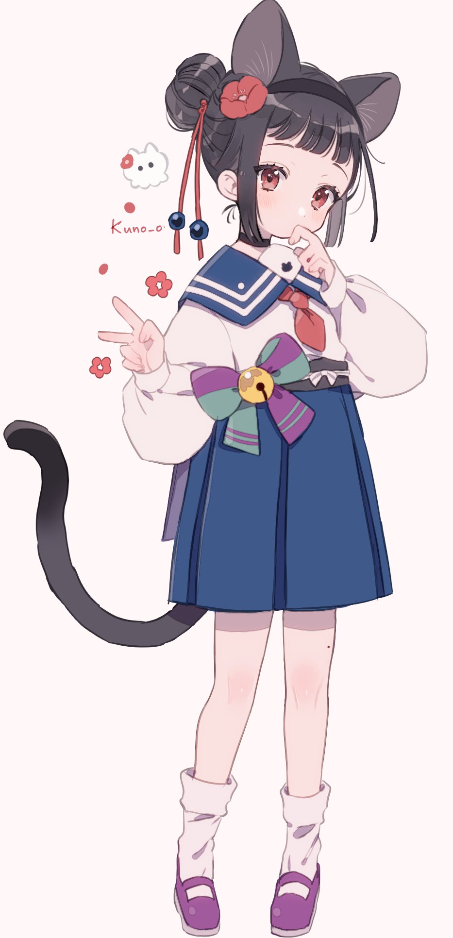 Safebooru - 1girl animal ears black hair blue sailor collar blue skirt cat ears cat tail hand on ...