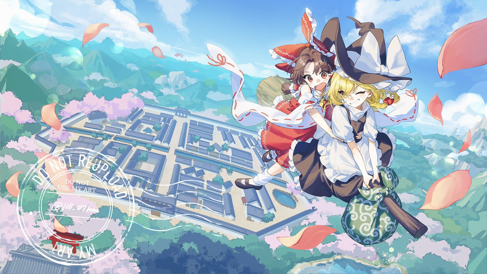Safebooru - 2girls :o ;d apron black hat black shoes black skirt black vest blonde hair blue sky ...