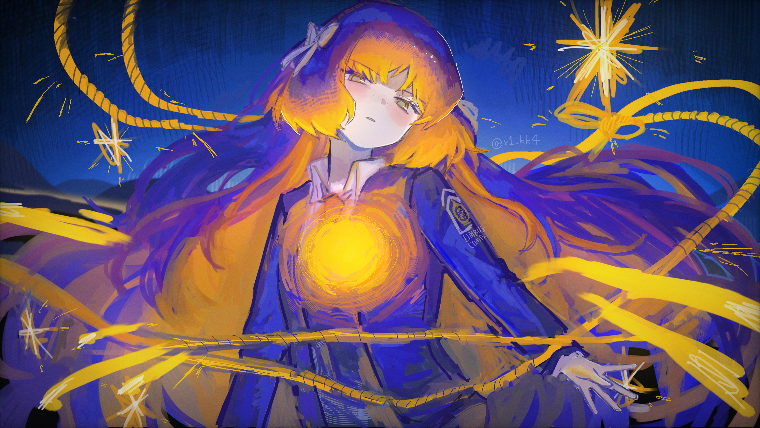 Safebooru - 1girl arms at sides blue background blush collared shirt ...